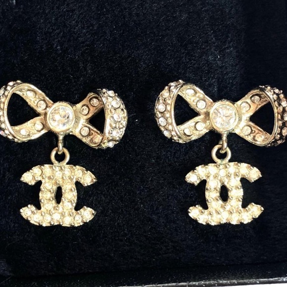 CHANEL | Jewelry | Authentic Crystal Cc Ribbon Bow Dangle 3s Stud ...